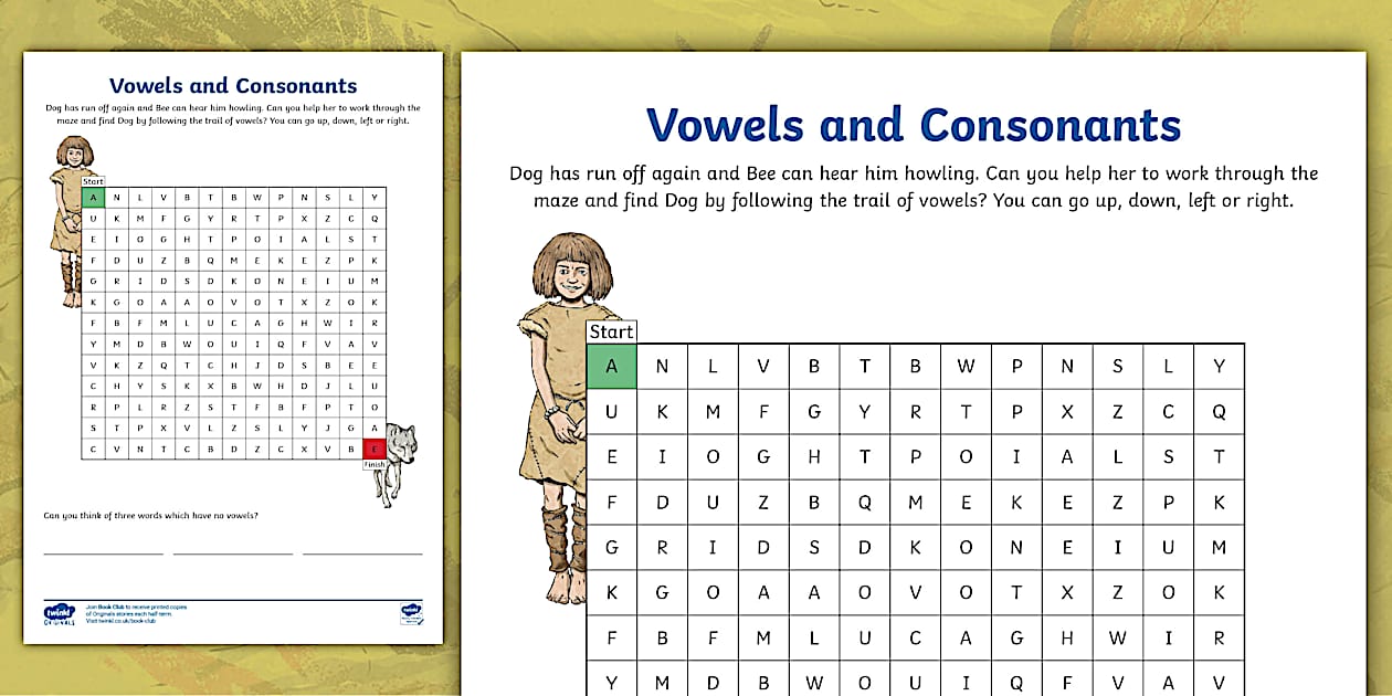 KS2 Stone Age Consonants and Vowels Maze Worksheet - Twinkl