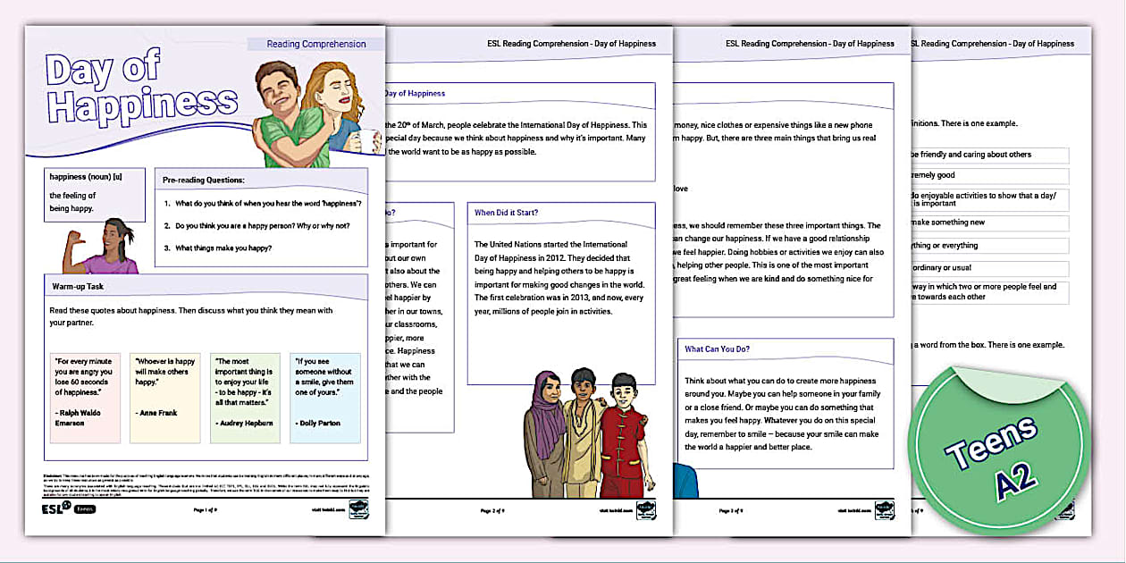 ESL Day of Happiness Reading Comprehension [Teens, A2]