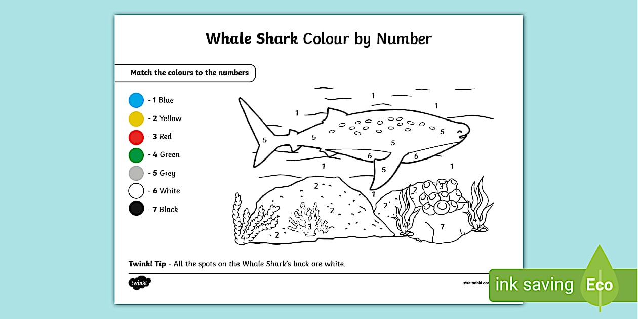 A Whale Shark Colour-by-Number Worksheet | Twinkl | KS1