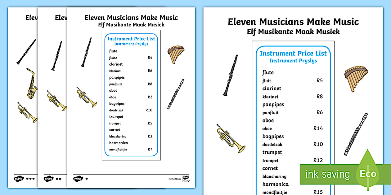 Eleven Musicians Making Music Worksheet / Worksheet English/Afrikaans