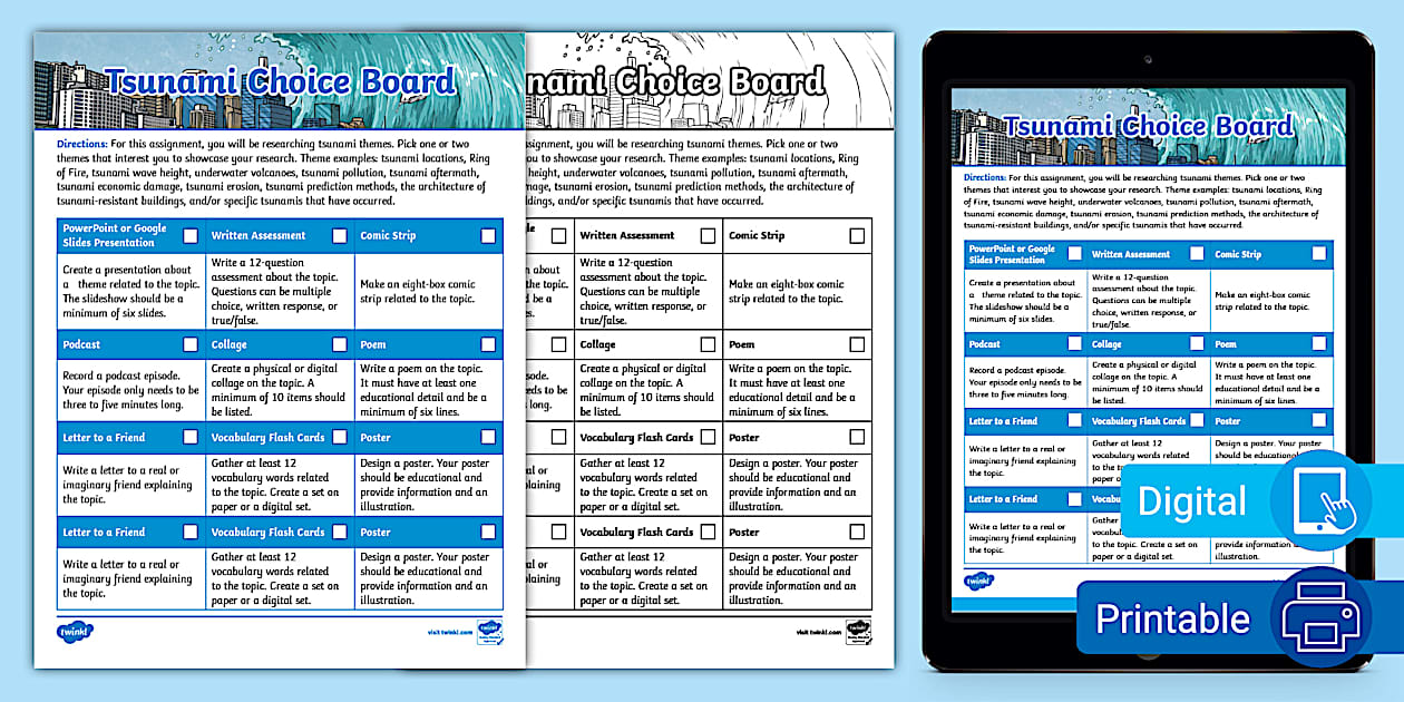 Tsunami Choice Board for 6th-8th Grade