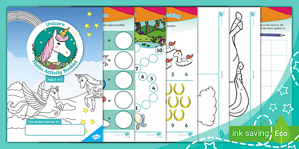 Unicorn Maths Activity Booklet for Ages 3 - 5 (teacher made)