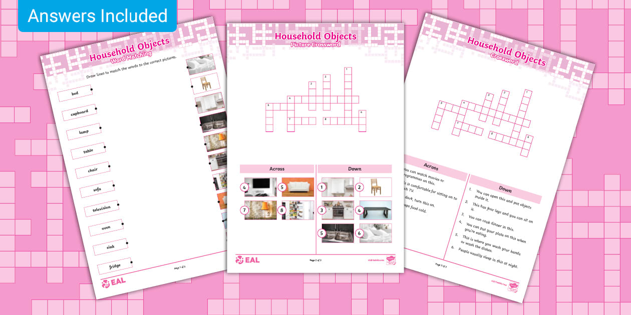 Household Objects Vocabulary Crosswords for EAL Learners