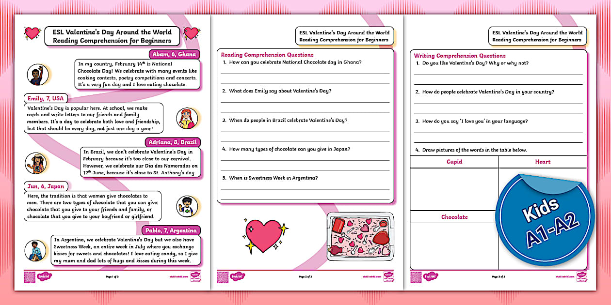 ESL Valentine's Day Around the World Reading Comprehension for Beginners