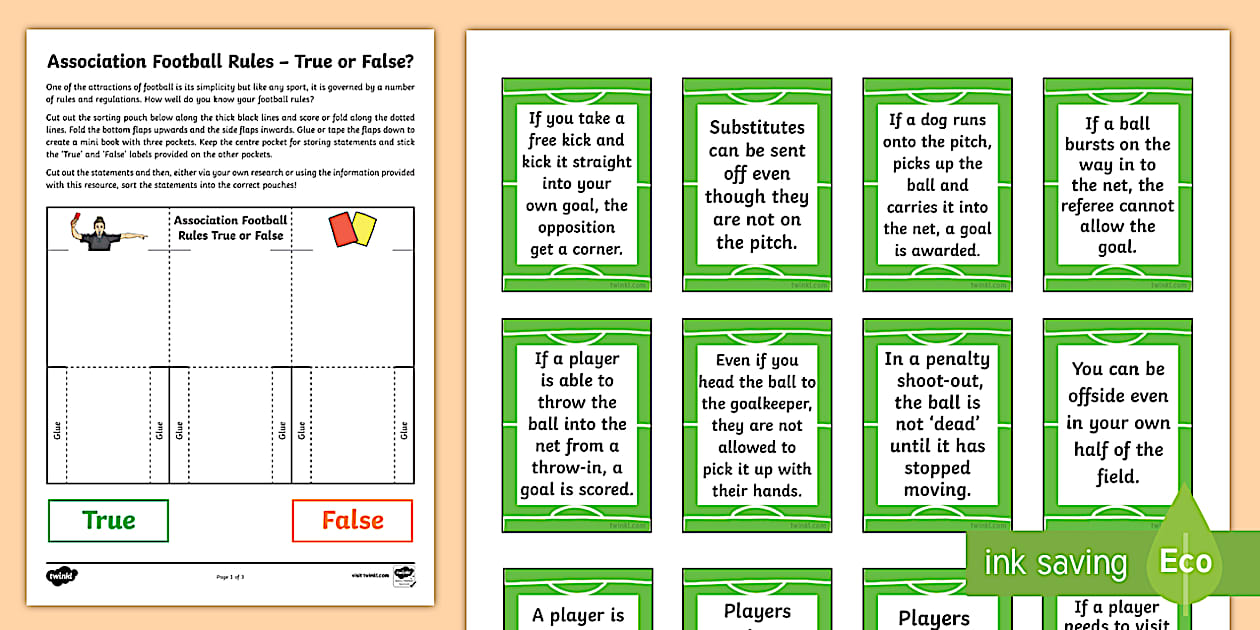 Association Football Rules - True or False Sorting Worksheet / Worksheet