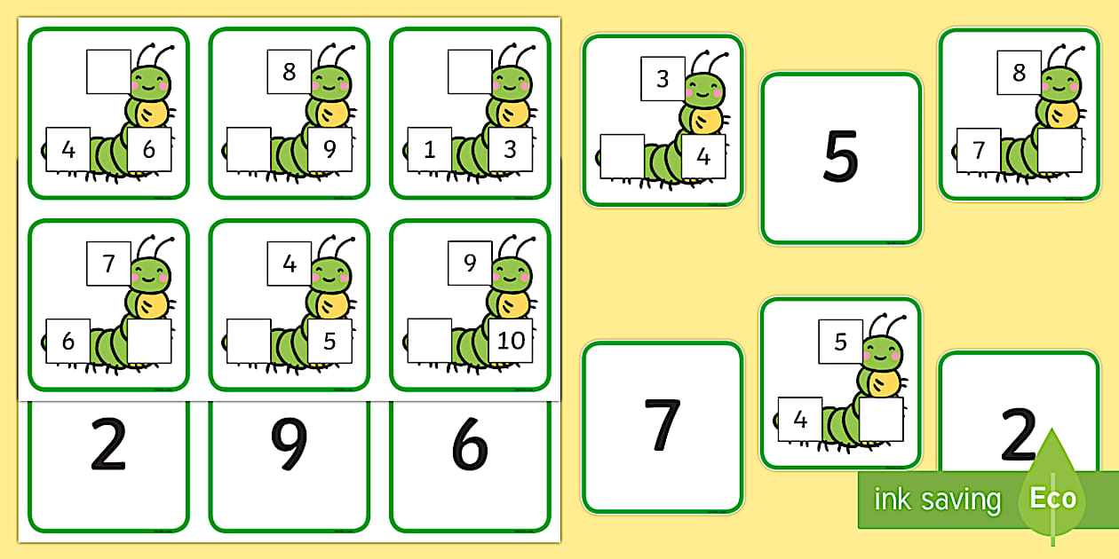 Black and White Caterpillar Number Sequence Missing Number Matching Cards