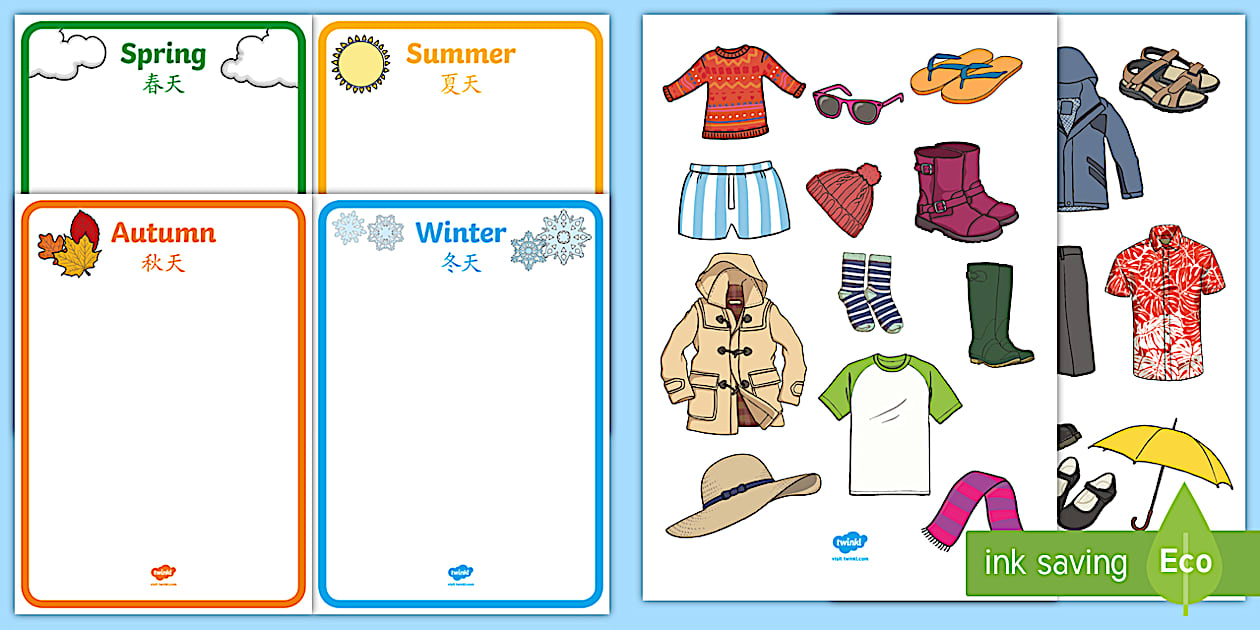 Seasonal Clothes Sorting Activity English/Mandarin Chinese - Seasonal ...