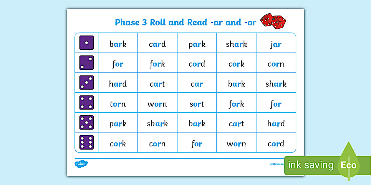 Phase 3 'ar' and 'or' Phoneme Roll and Read Mat - Twinkl