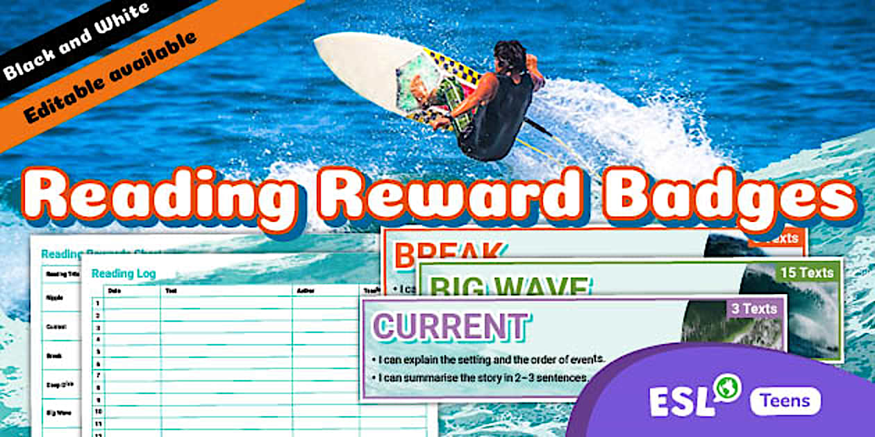 ESL Reading Reward Badges - Surf Theme for Teens