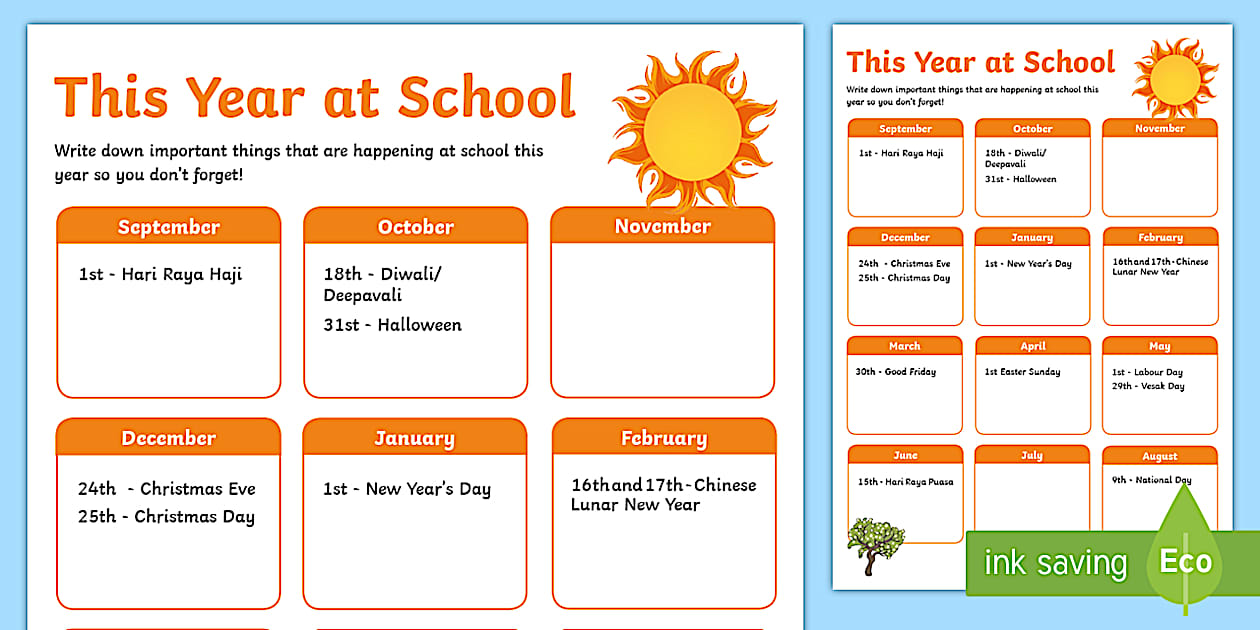 Important Dates Year to a Page Calendar (teacher made)