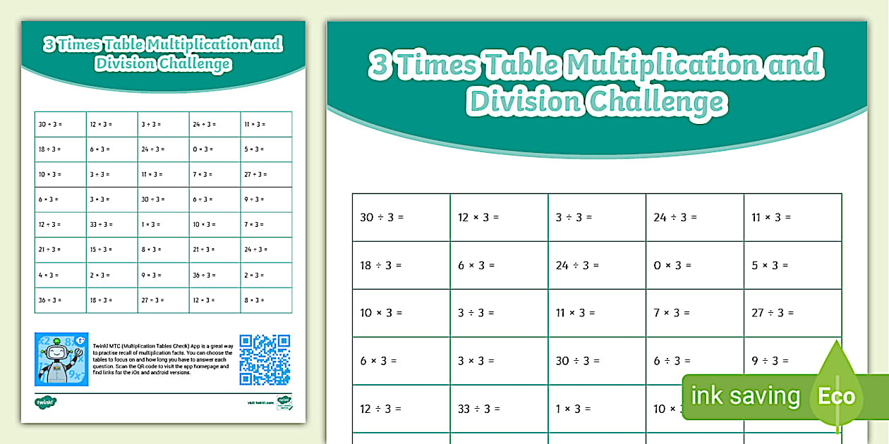 👉 3 Times Table Multiplication and Division Challenge Activity