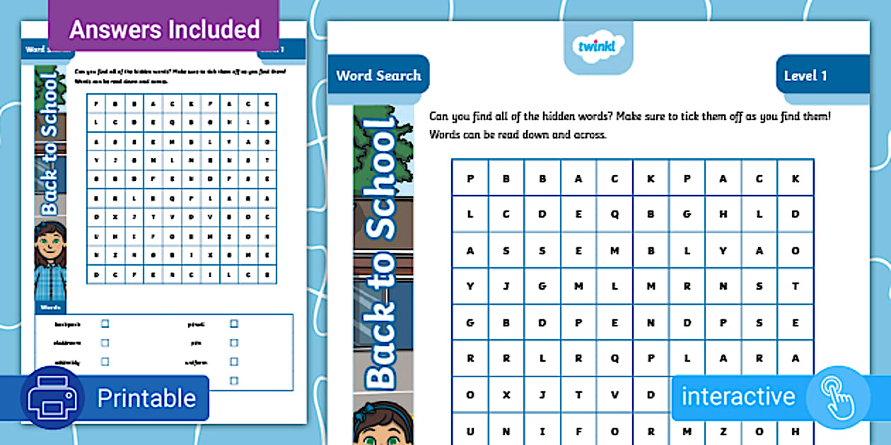 Back to School Word Search - Level 1 - Twinkl - Kids Puzzles