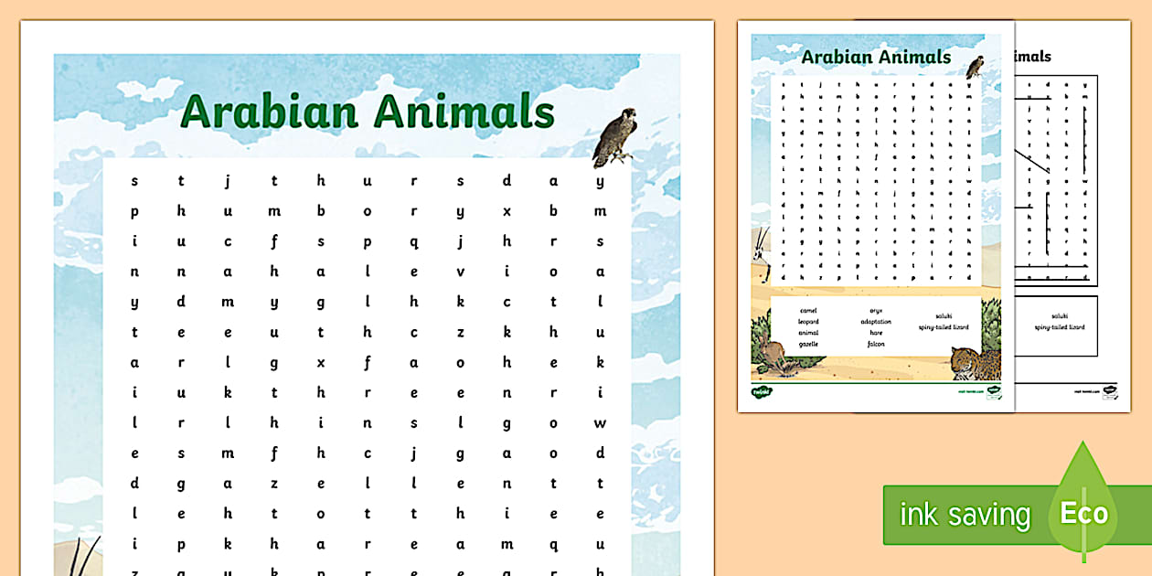 Black and White Arabian Animals Word Search (teacher made)