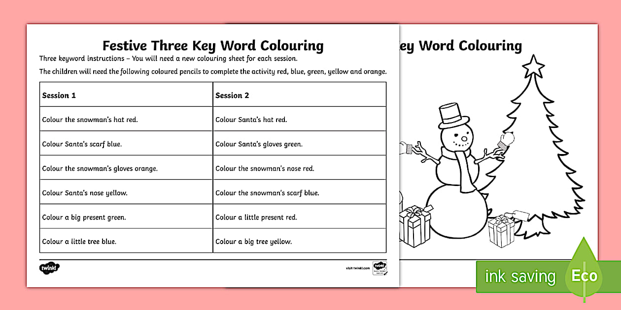 Festive Three Key Word Colouring Worksheet / Worksheet