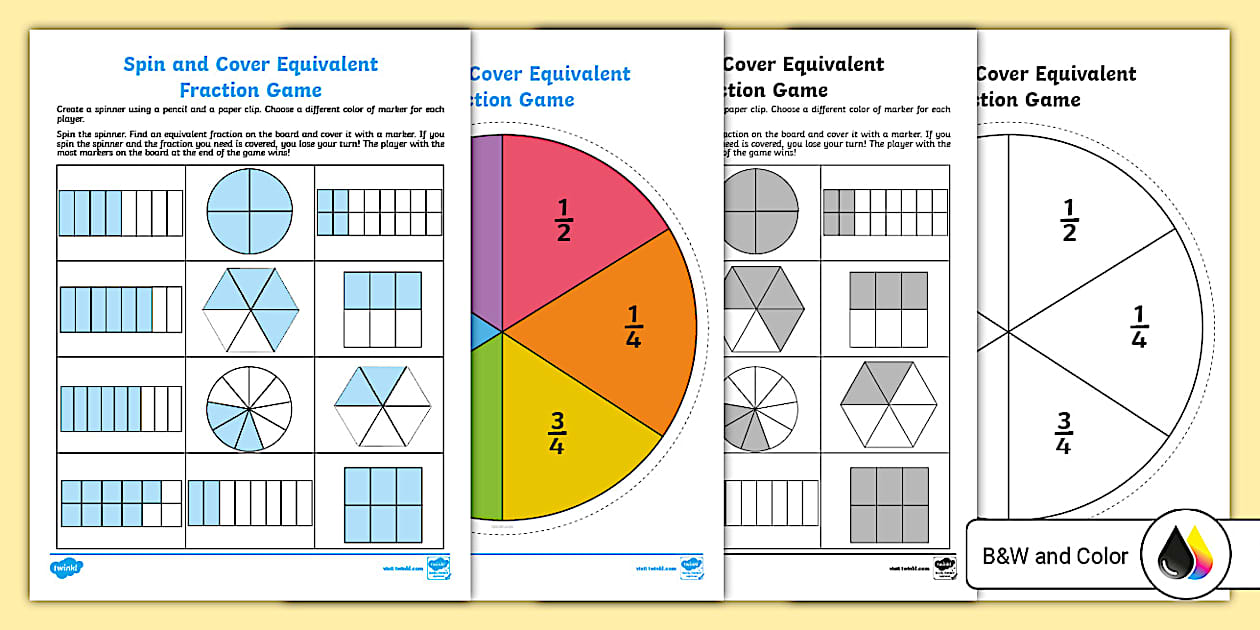 Spin and Cover Equivalent Fractions Game for 3rd-5th Grade