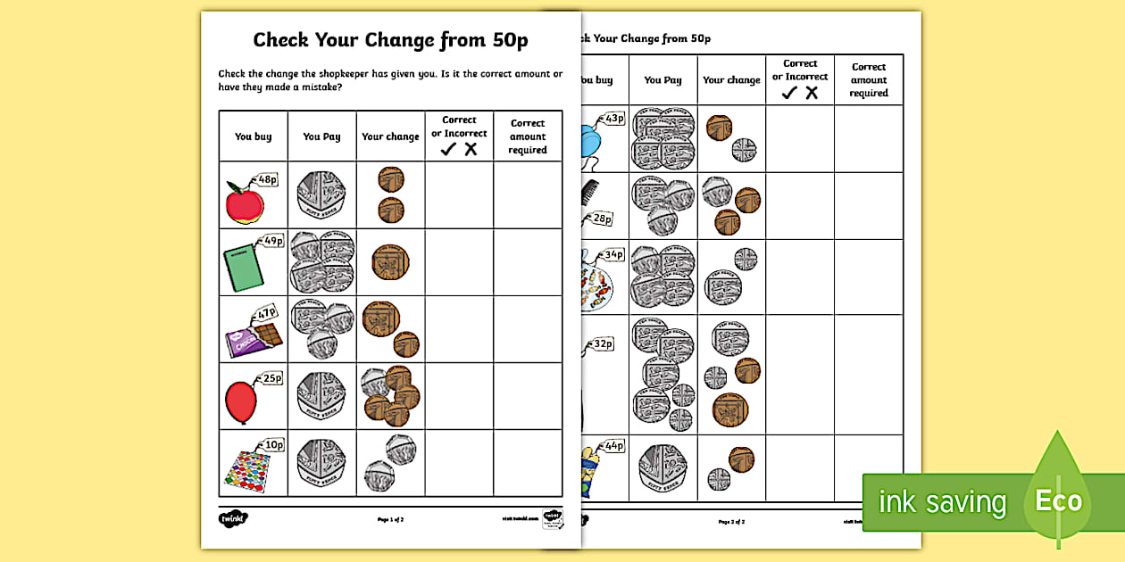 Check Your Change From 50p Worksheet (teacher made) - Twinkl