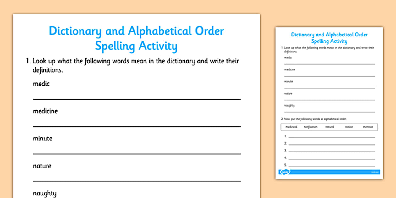 Black and White Dictionary Definitions and Alphabetical Order Activity