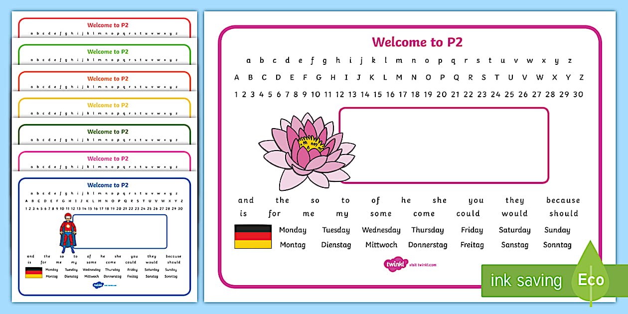 Welcome to P2 (with German) Desk Mats - Twinkl