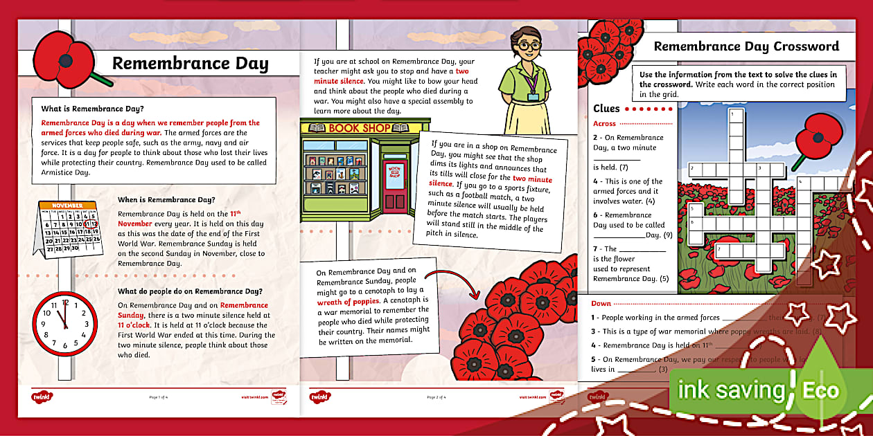 Remembrance Day Reading Activity and Crossword (Ages 5 - 7)