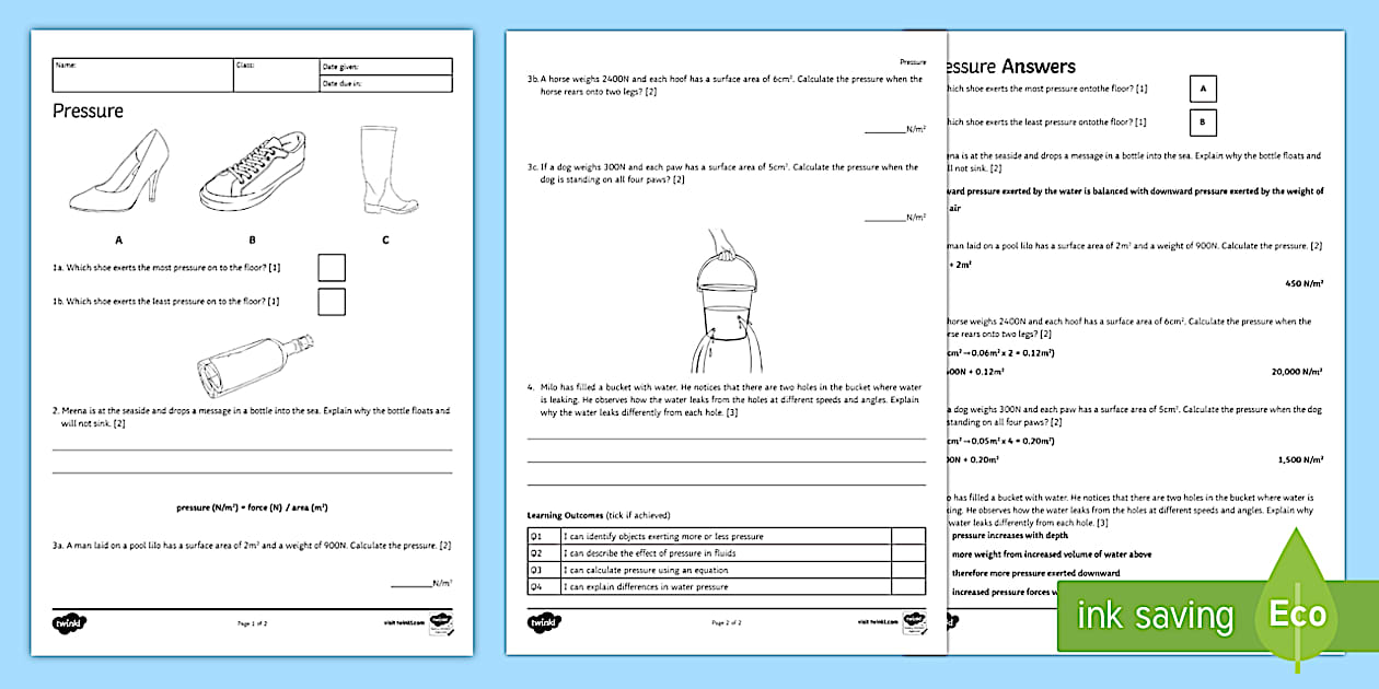 KS3 Pressure Homework Worksheet - KS3 science (teacher made)