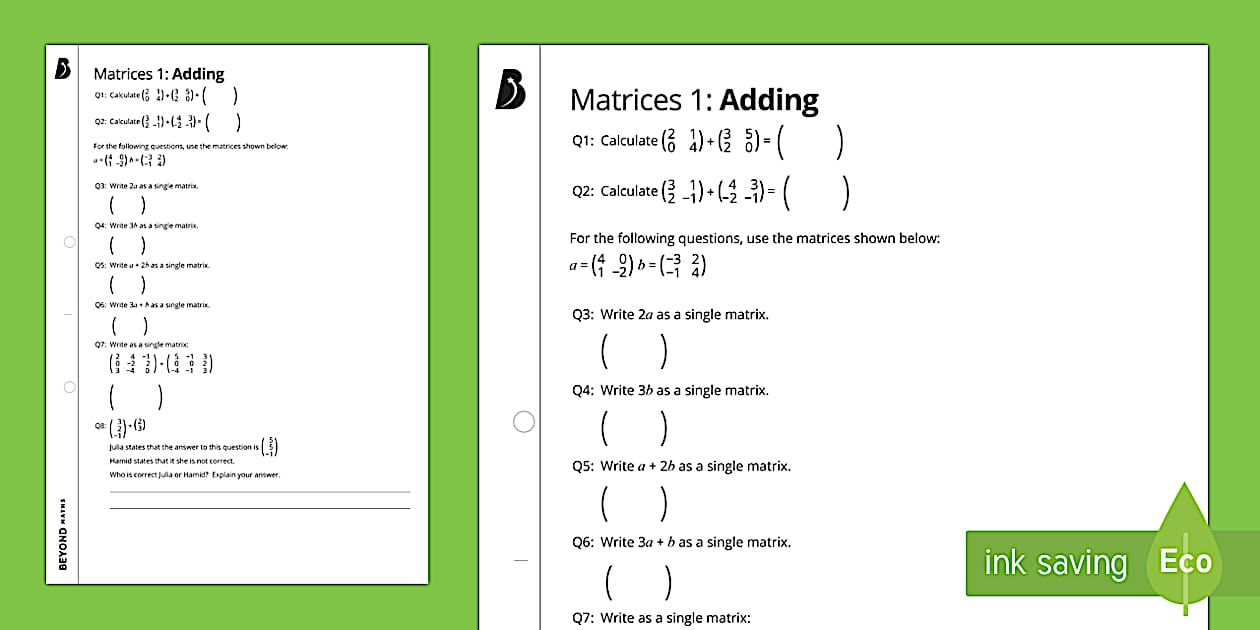 Matrices 1 Worksheet (teacher made) - Twinkl