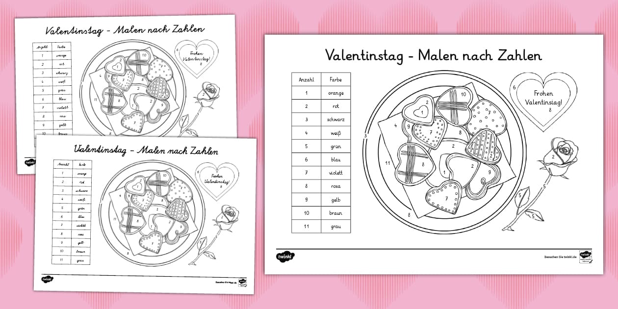 Valentinstag - Malen nach Zahlen - Arbeitsblatt - Twinkl