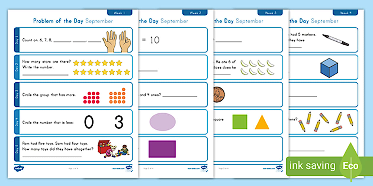 Editable Kindergarten Math Problem of the Day - September Worksheet