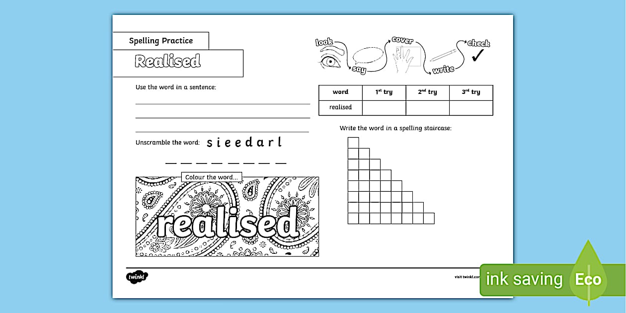 Realised Spelling Practice Worksheet (teacher made) - Twinkl