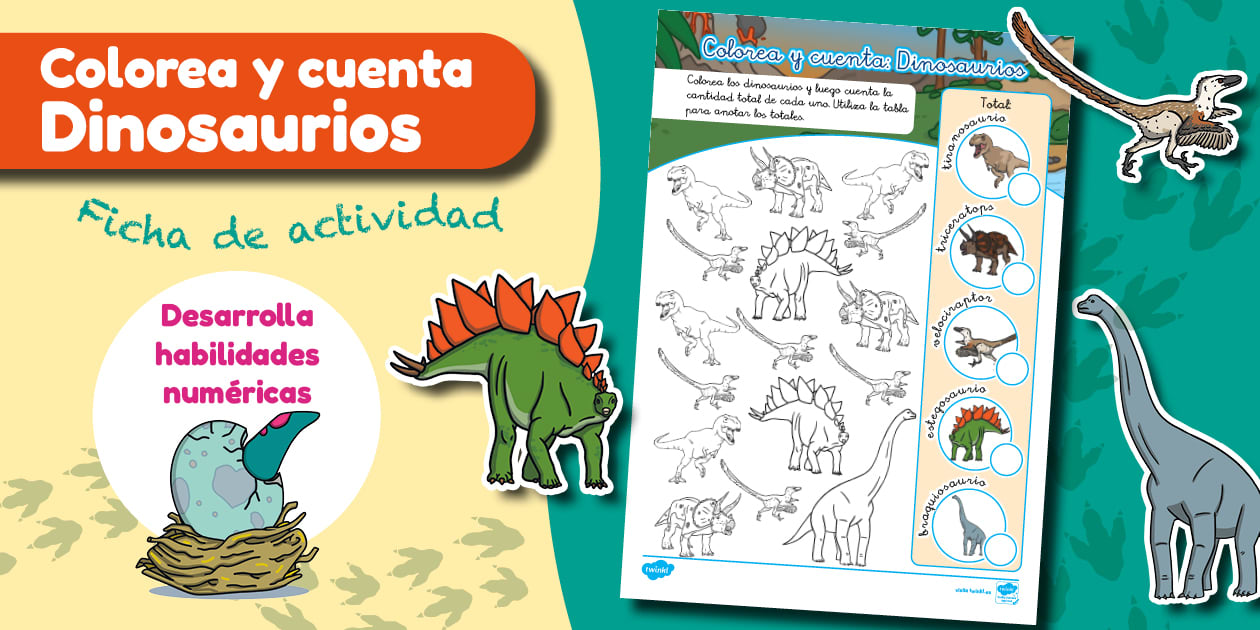 Ficha de actividad: Colorea y cuenta - Dinosaurios - Twinkl