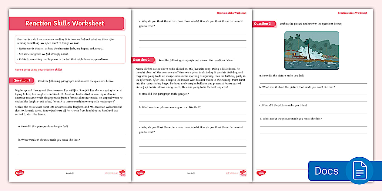 Reading Comprehension Skills: Reaction Worksheet (Year 3-4)