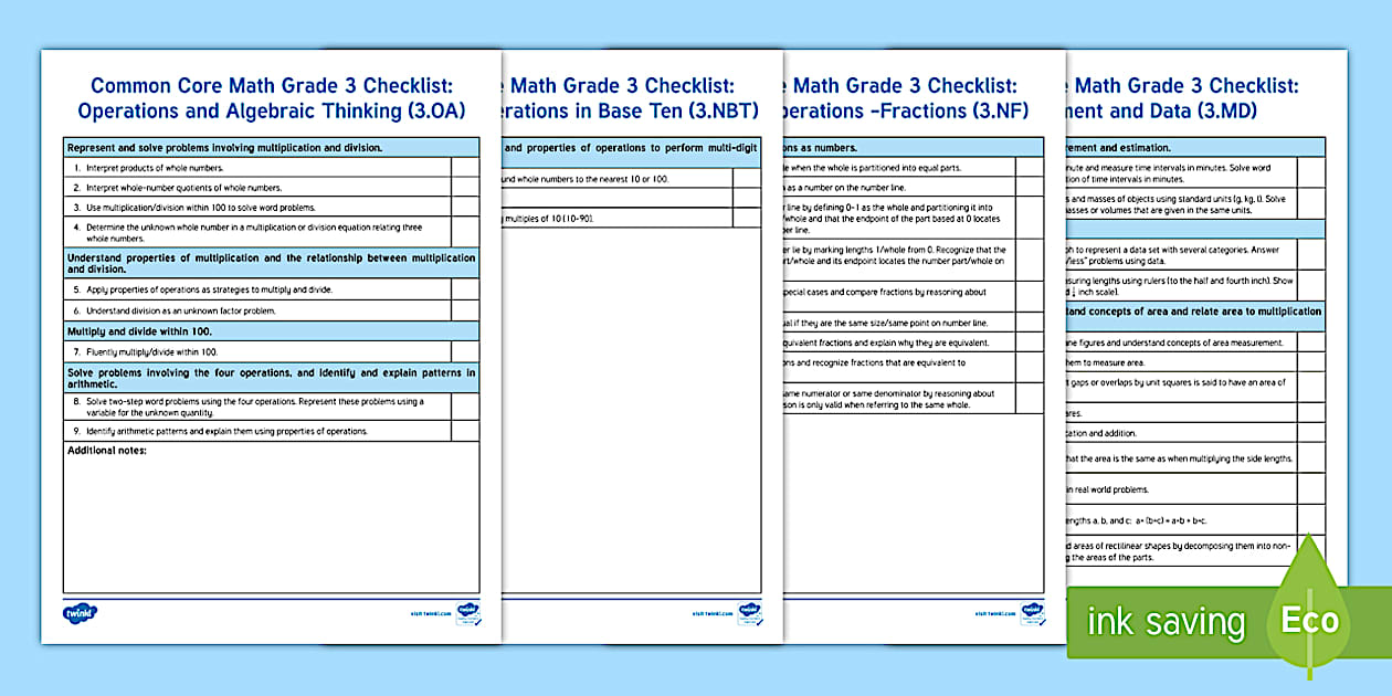 Third Grade Common Core Math Standards Teacher Checklist