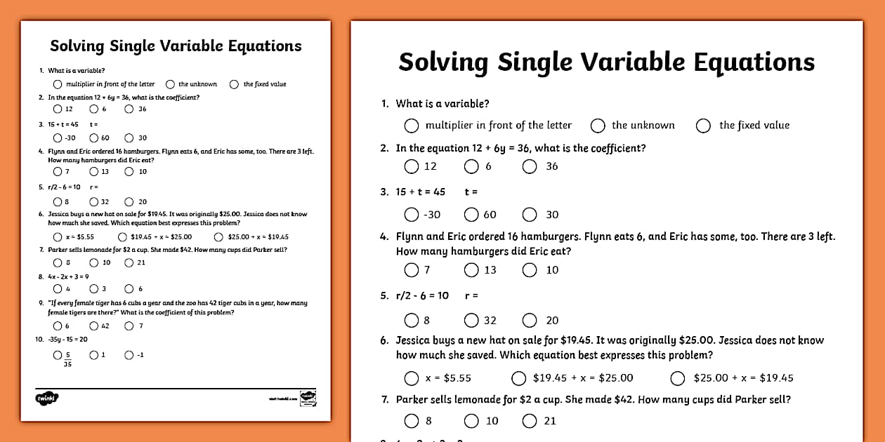 Sixth Grade Solving Single Variable Equations Quiz - Twinkl