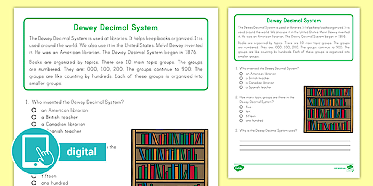First Grade Dewey Decimal System Reading Passage Comprehension Worksheet