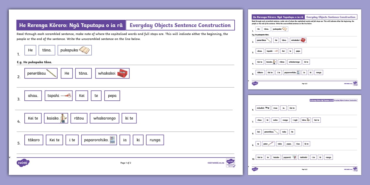 Learn Te Reo Māori - Scrambled Sentences in Te Reo Māori: Everyday Objects.