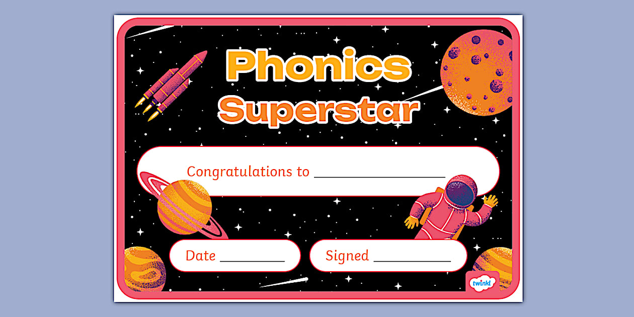 Space-Themed Phonics Superstar Certificate
