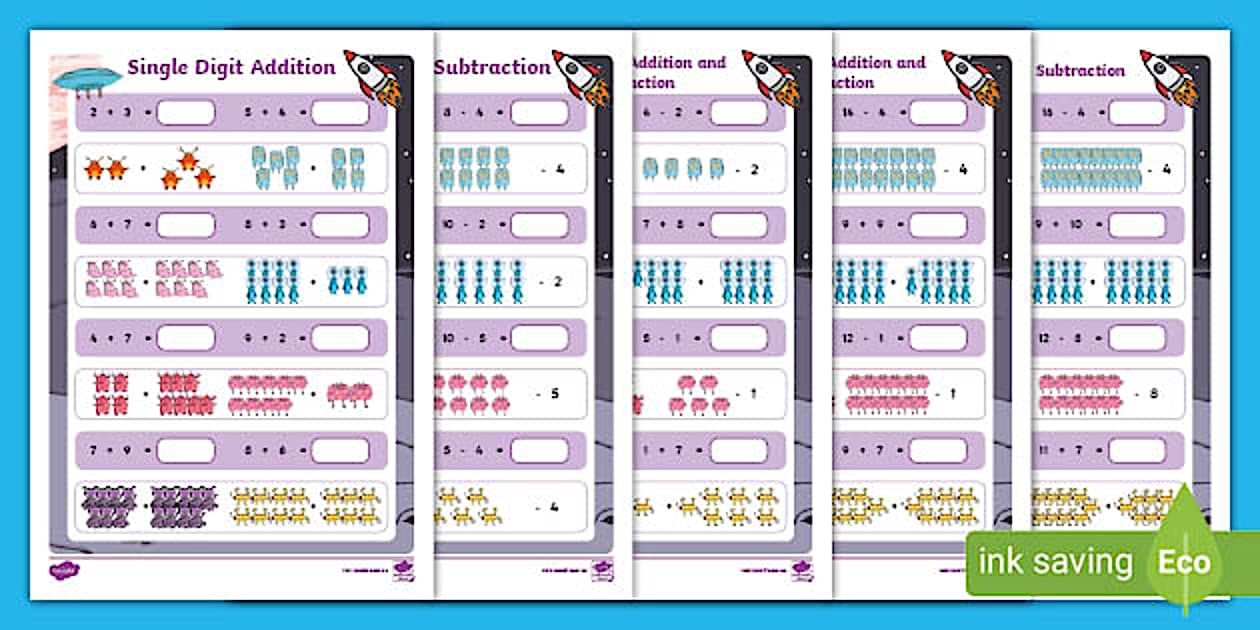 Single Digit Addition and Subtraction Worksheet With Picture