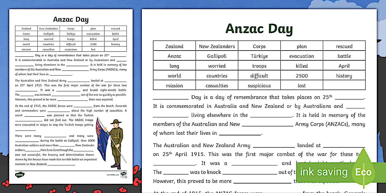 Editable Anzac Day Cloze Worksheet (teacher made) - Twinkl