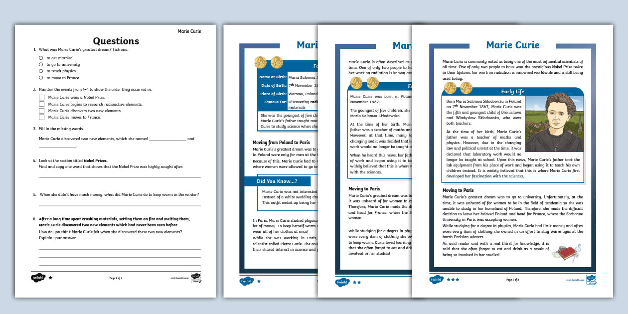 UKS2 Marie Curie Differentiated Reading Comprehension Activity
