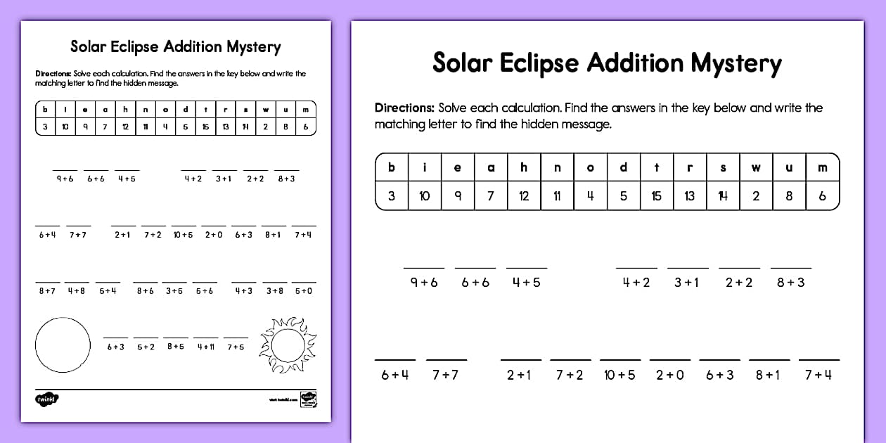 Solar Eclipse Addition Mystery Activity for K-2nd Grade