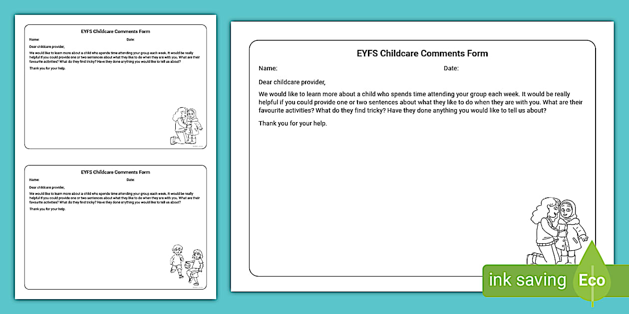 EYFS Childcare Comments Form (Hecho por educadores) - Twinkl