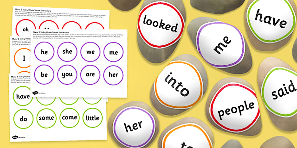 Black and White Tricky Words Stone Cut Outs Phase 2 to 5 Pack