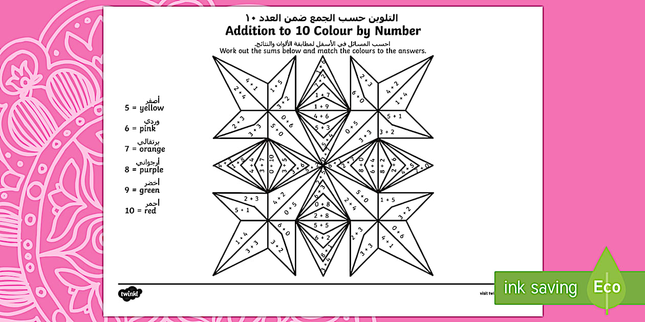 Rangoli Patterns Addition to 10 Colour by Number Arabic/English
