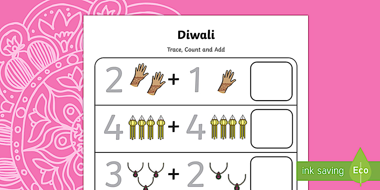Diwali Trace Count And Add Worksheet (teacher made) - Twinkl