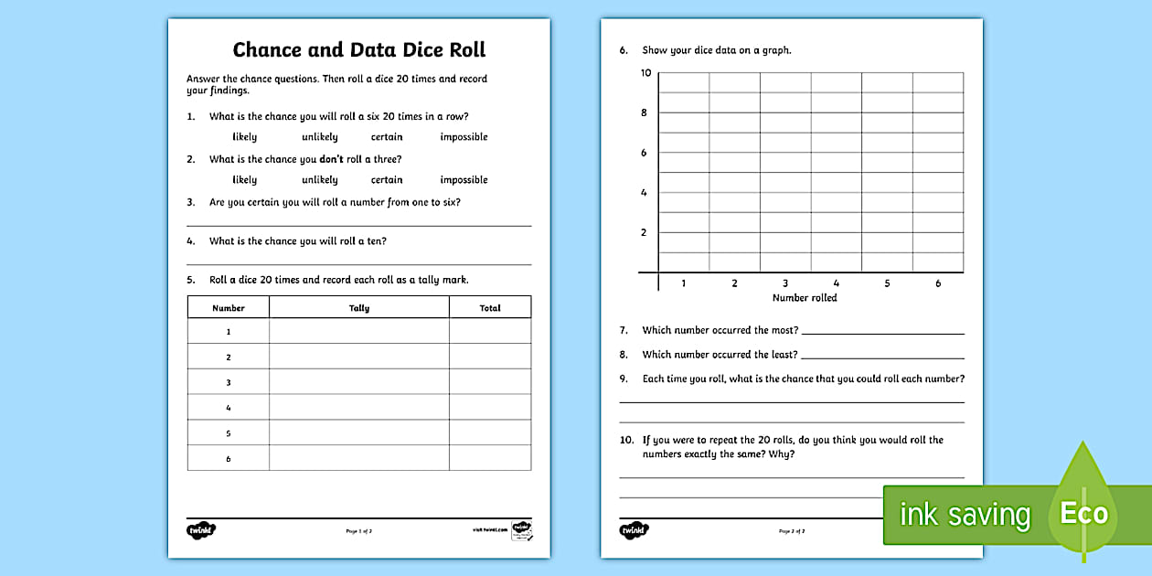 Year 2 Chance and Data Dice Roll Worksheet / Worksheet