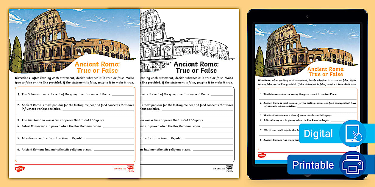Ancient Rome True or False Assessment for 3rd-5th Grade
