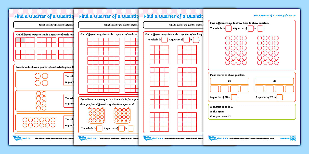 👉 Find a Quarter of a Quantity of Pictures Maths Activity Sheets