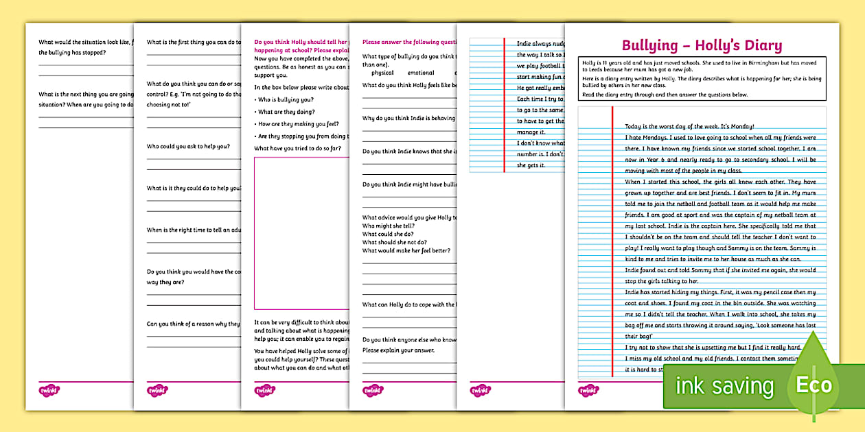Bullying - Holly's Diary Worksheet (teacher made) - Twinkl