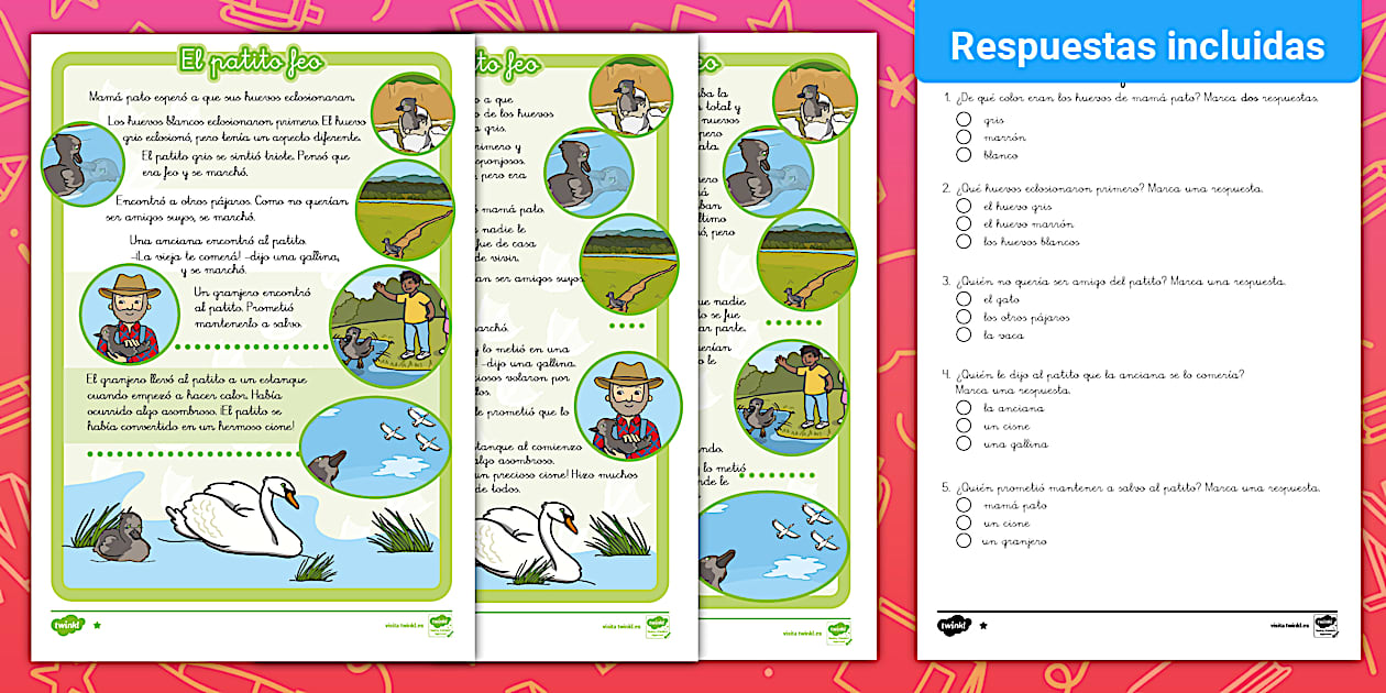 Comprensión lectora por niveles: El patito feo - Twinkl