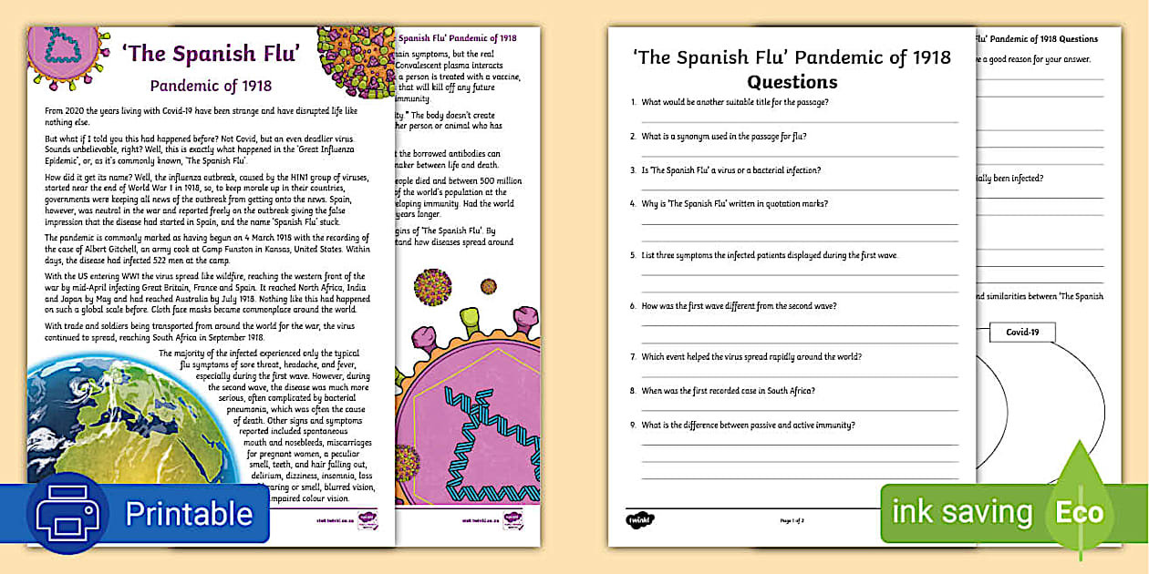 Spanish Flu Reading Comprehension | Pandemic Of 1918