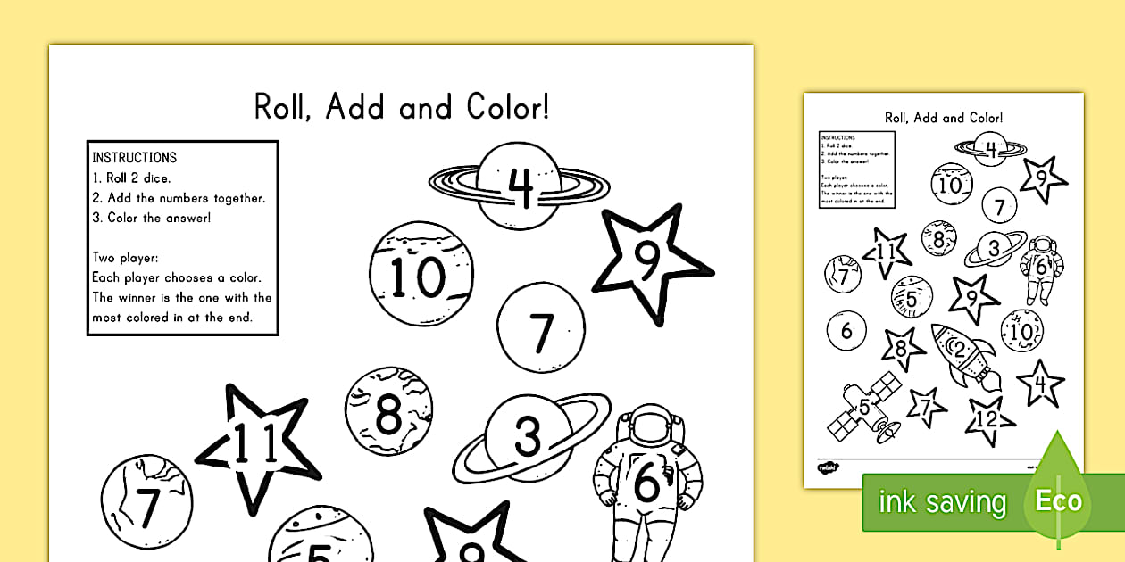 Space Roll and Color Dice Addition Worksheet (Teacher-Made)
